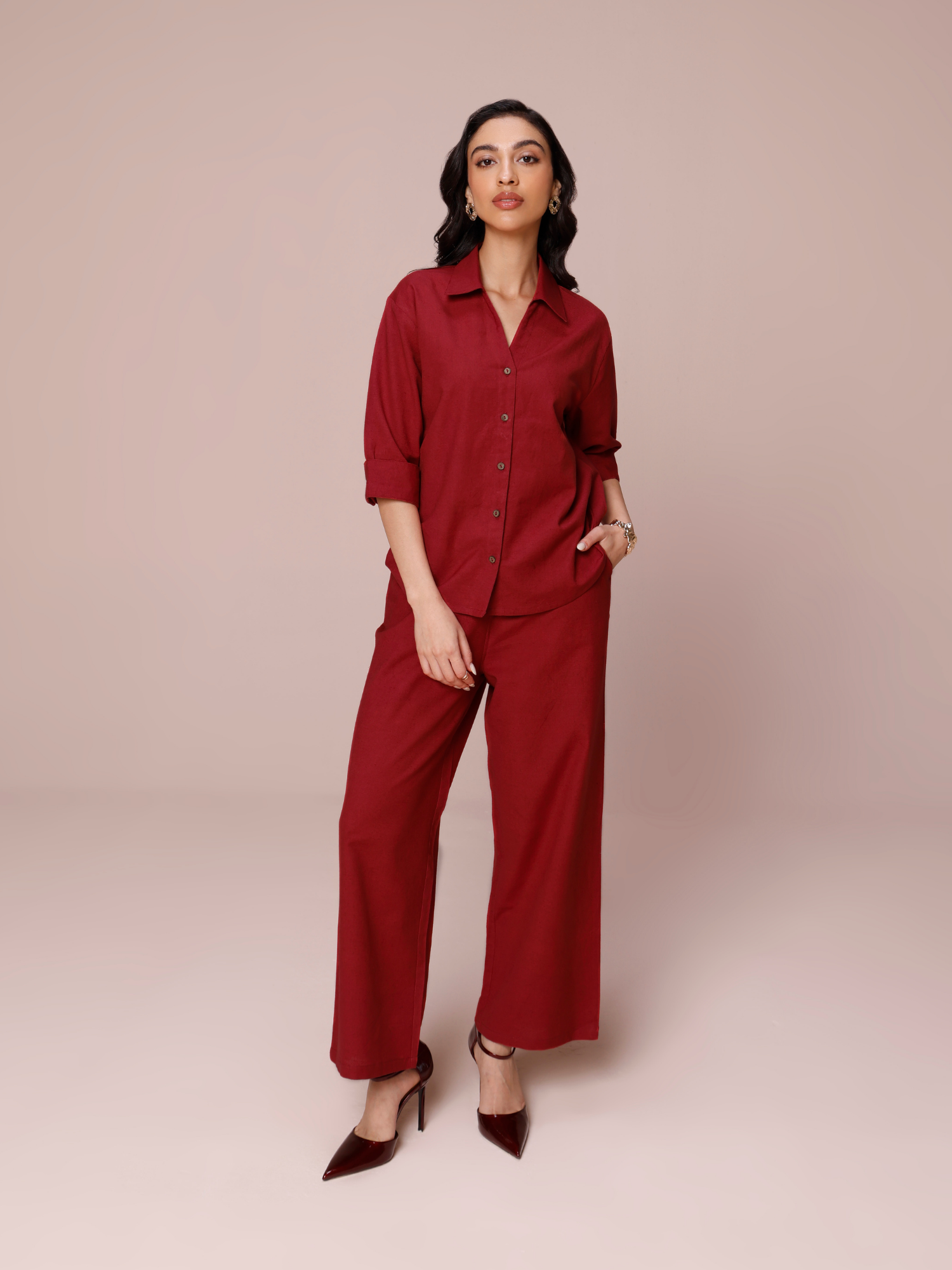 Buy Linen Blend Relaxed Fit Co-ord Set in Maroon