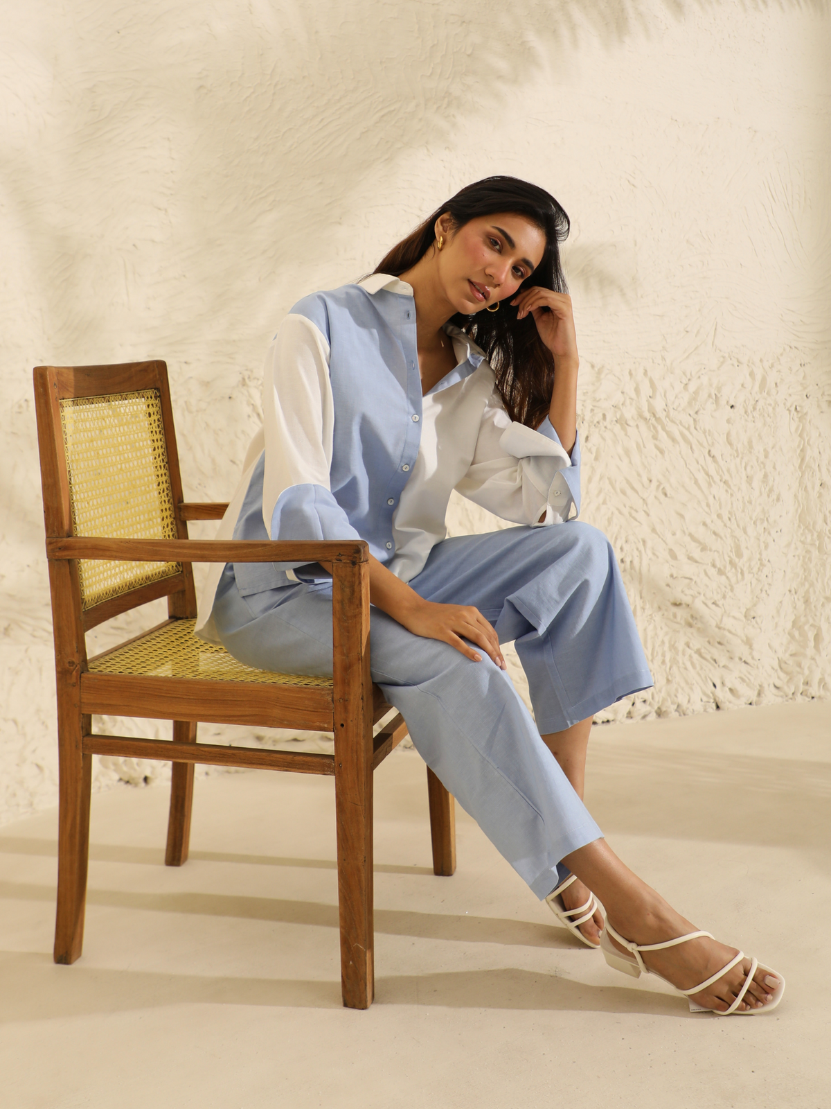 Buy Color Block Linen Co Ord Set in Blue for Women