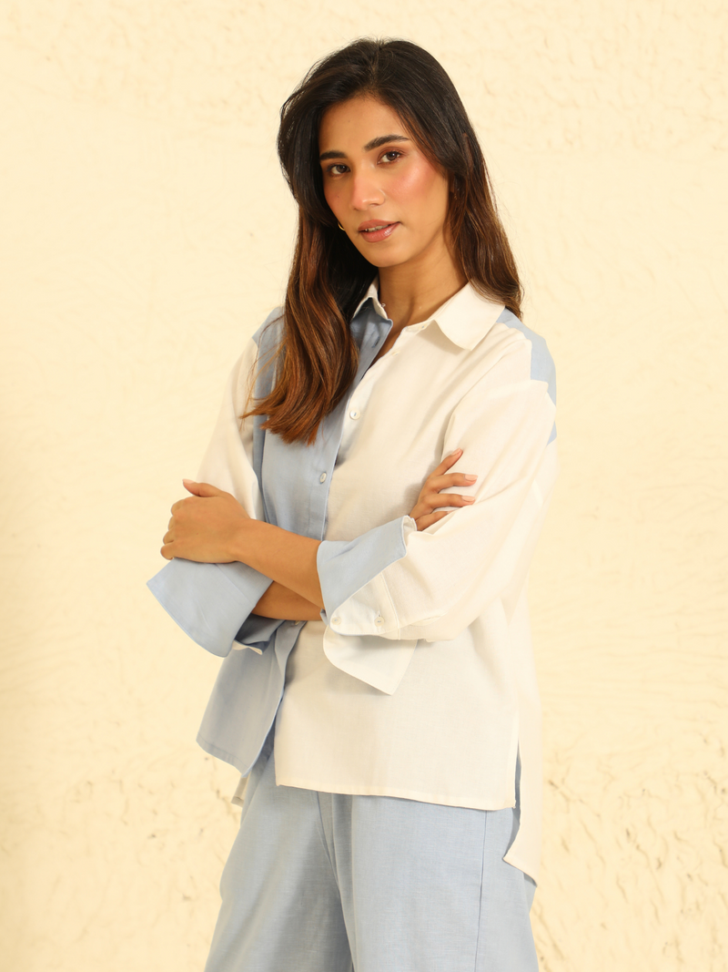 Buy Color Block Linen Co Ord Set in Blue for Women